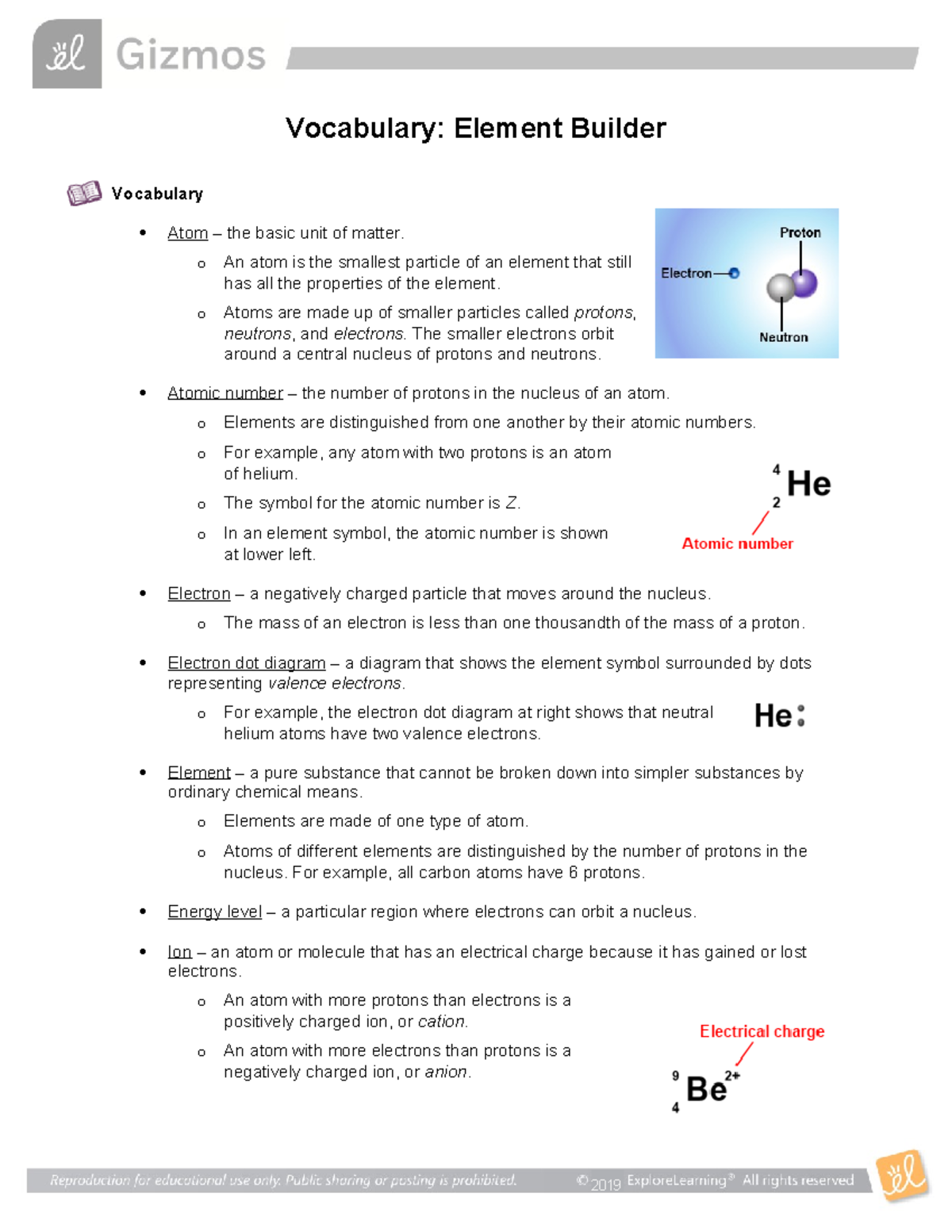 Element Builder Vocabulary Worksheet: Understanding Atoms and Ions ...