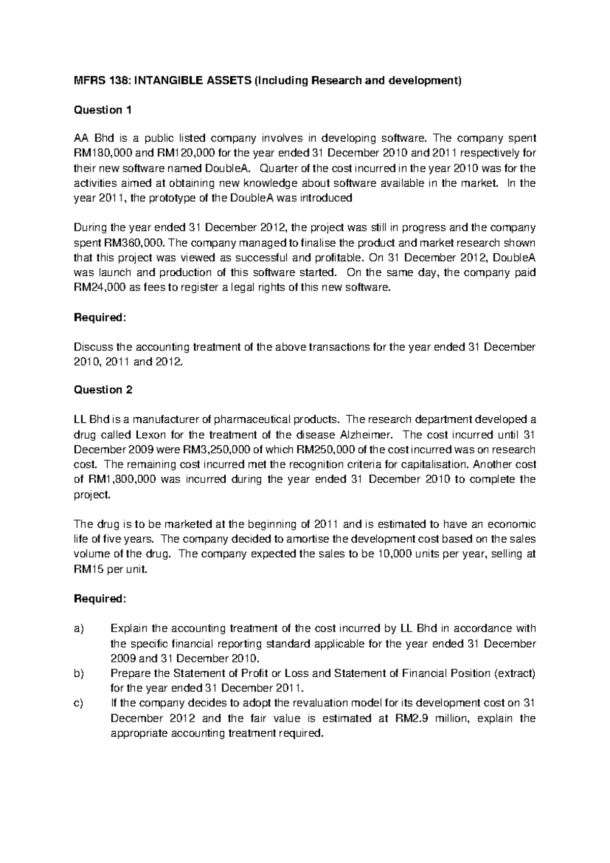 MFRS 138: Intangible Assets Tutorial Questions and Accounting Treatment ...