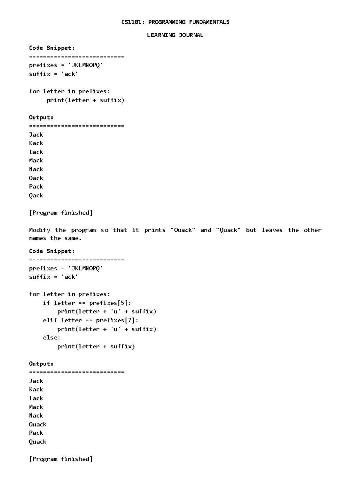 CS 1101: Learning Journal-Unit 5 - CS1101: PROGRAMMING FUNDAMENTALS LEARNING JOURNAL Code ...