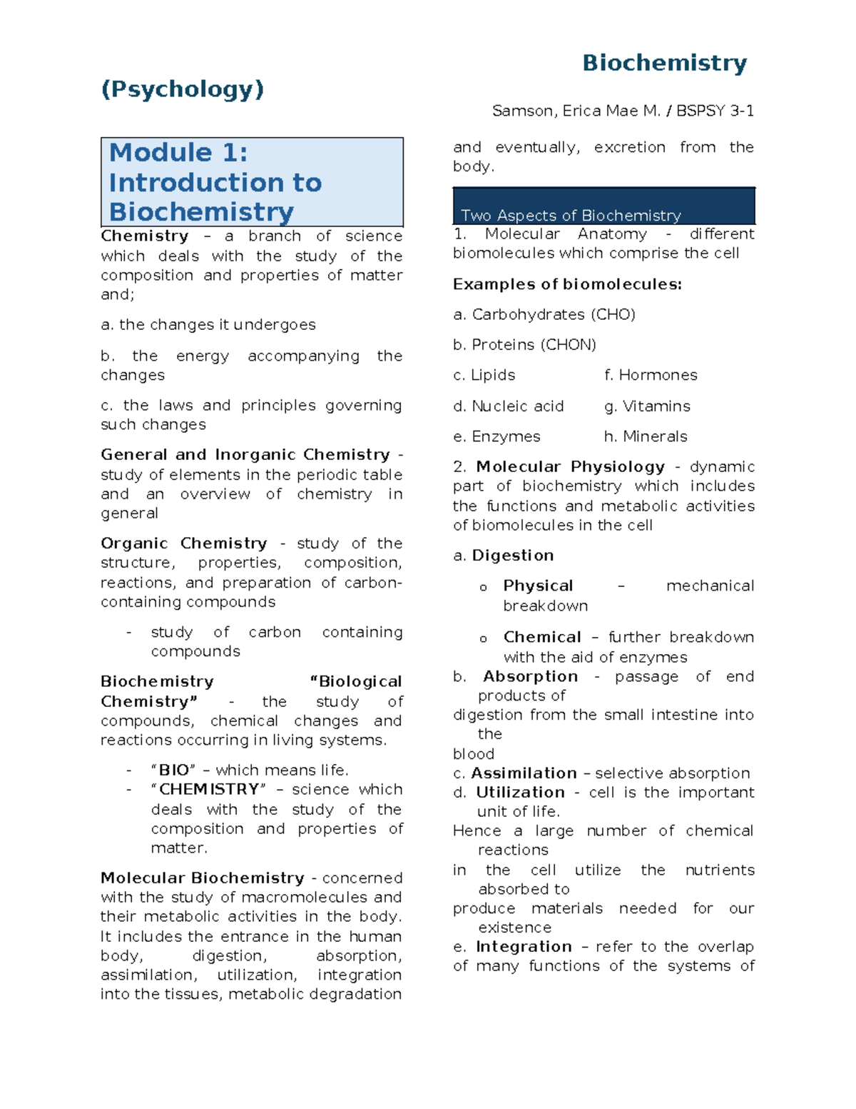 Biochemistry Module 1: Intro to Chemistry & Biological Processes (BSPSY ...