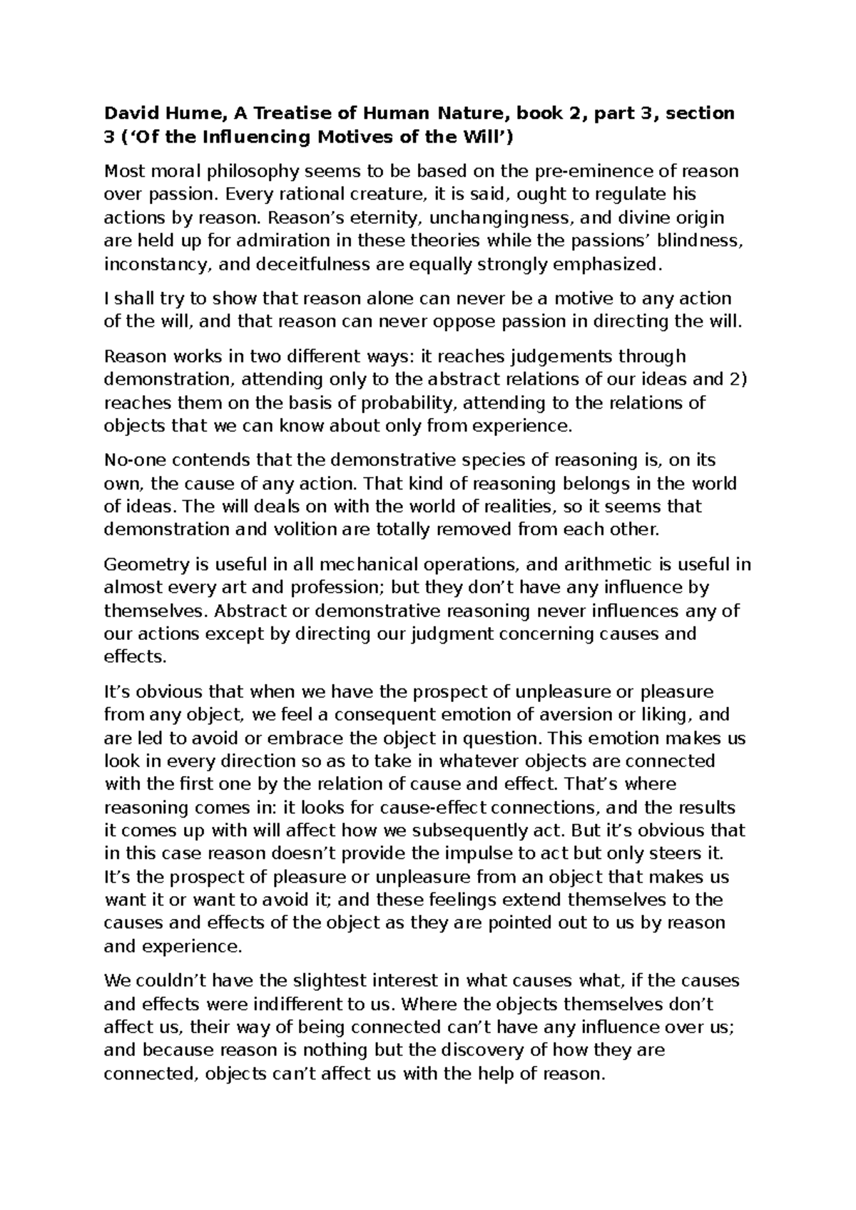 Internal and external reasons notes - David Hume, A Treatise of Human ...