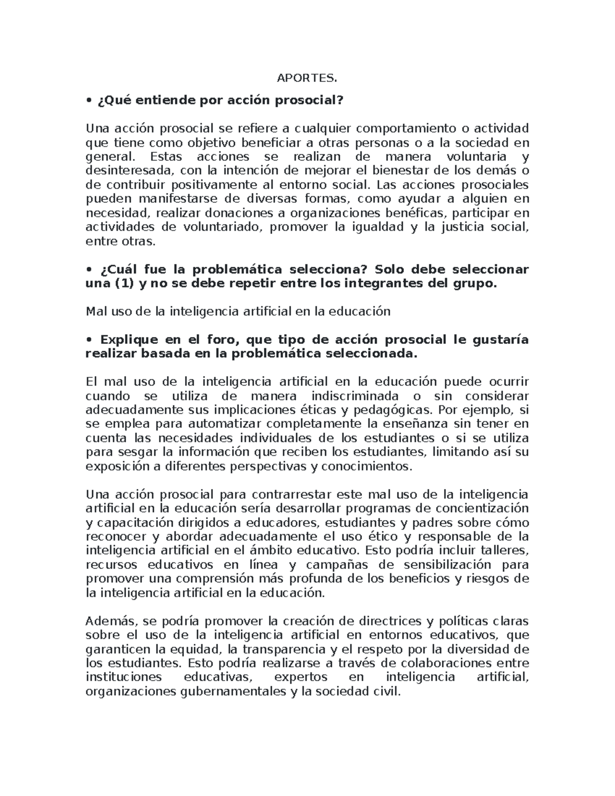 Aportes - APORTES. • ¿Qué entiende por acción prosocial? Una acción ...