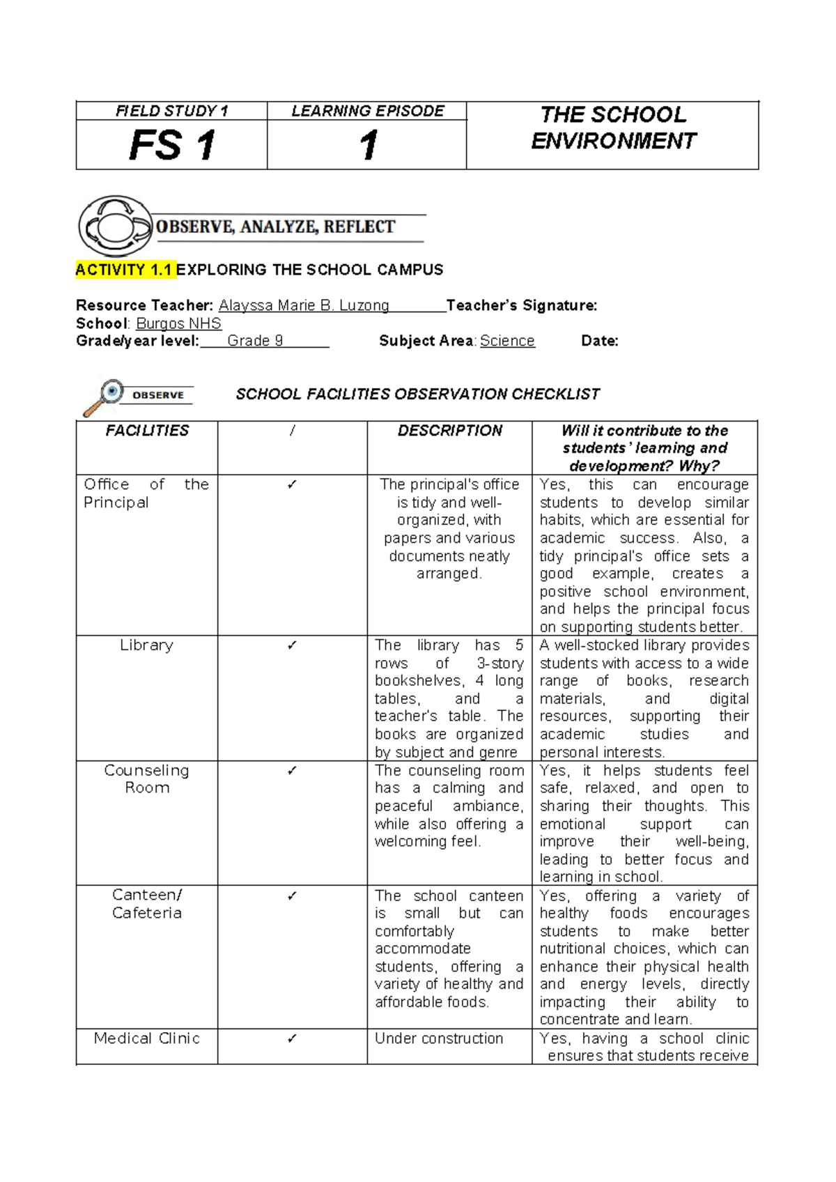 FS1 EP1 - Observing School Facilities and Classroom Environment - Studocu