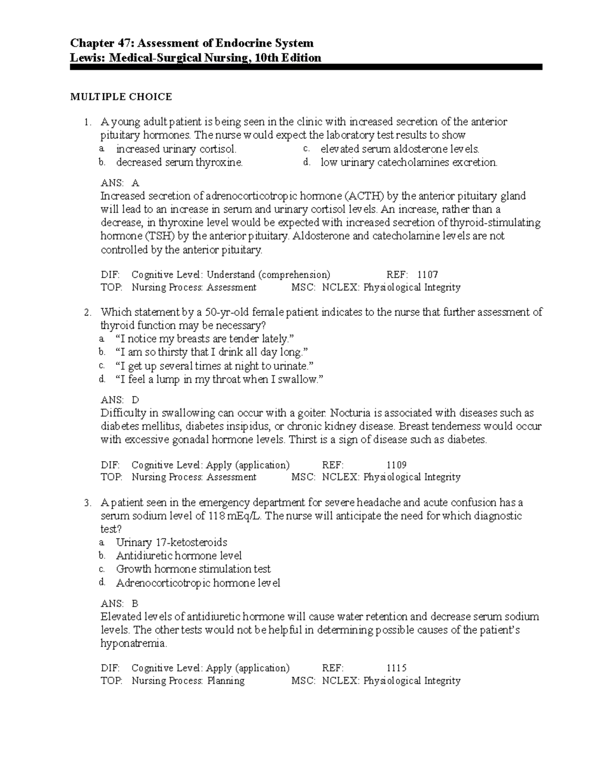 C47 - ch 47 test bank - Chapter 47: Assessment of Endocrine System ...