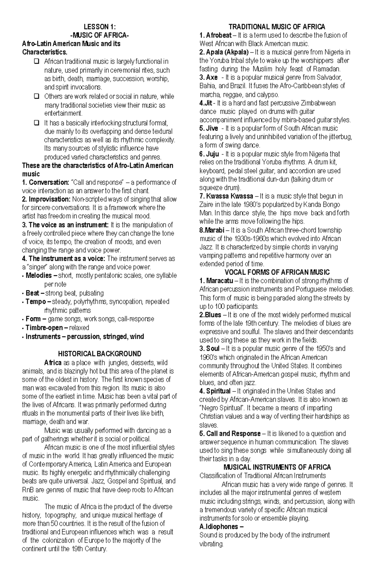 LESSON 1: Characteristics of African Music and Its Influence - Studocu