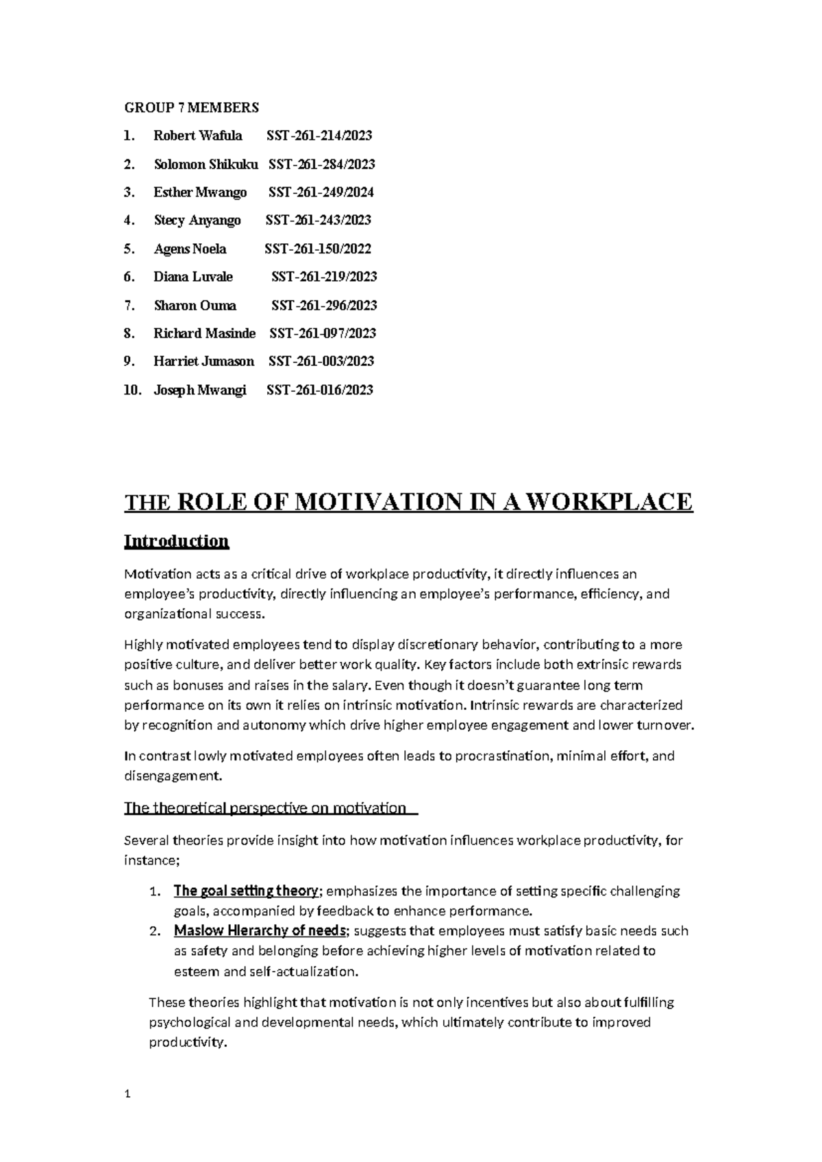 The Role of Motivation in Workplace Productivity - Group 7 Report - Studocu