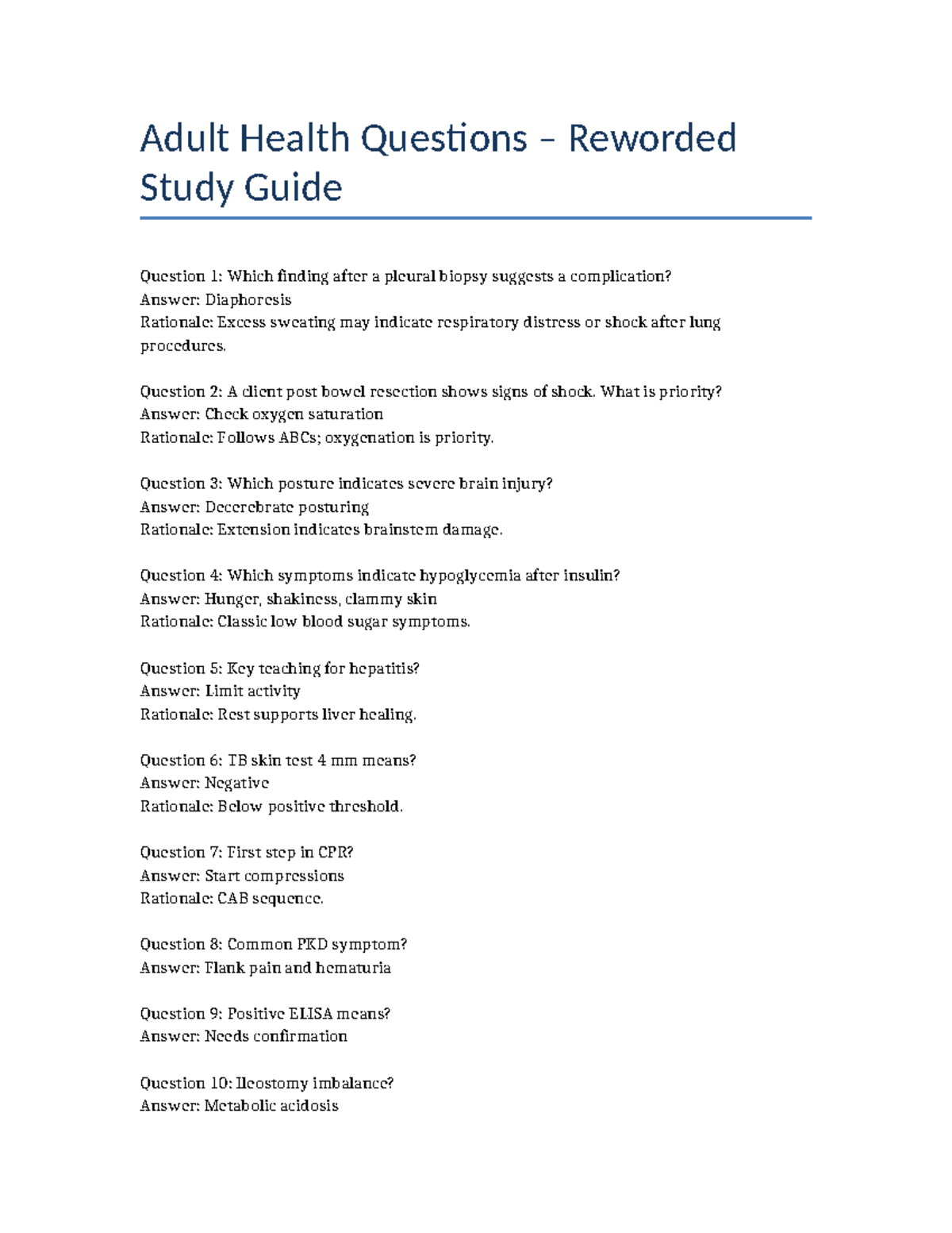 Adult Health NUR 101 Final Exam Study Guide Questions & Answers - Studocu