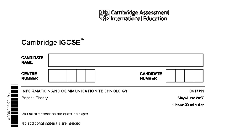 Cambridge IGCSE ICT 0417/11/2023 Paper 1 Theory Past Exam - Studocu