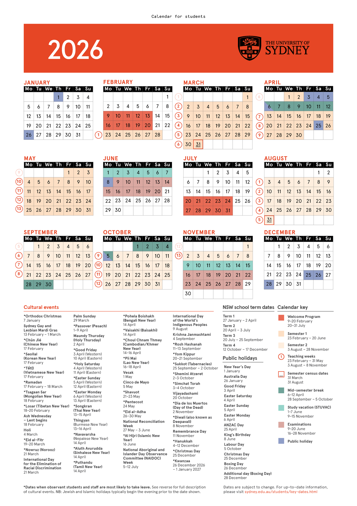 Student Wall Calendar 2026: Important Dates & Events - Studocu
