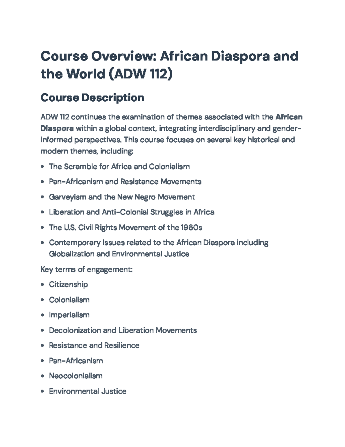 Course Overview: African Diaspora and the World (ADW 112) - This course ...
