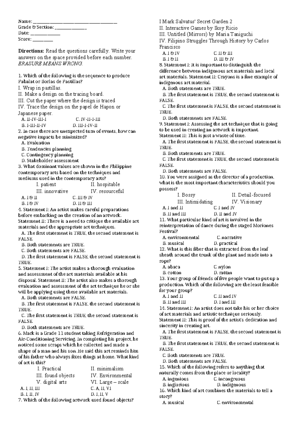 Summative Test: Contemporary Arts (50 Questions) - Studocu