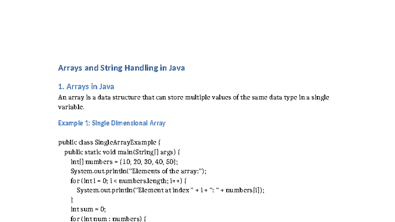Java Arrays and String Handling Overview - Studocu