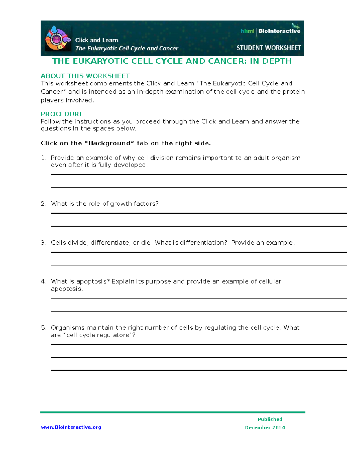 Advanced Biology Worksheet: Cell Cycle & Cancer Insights - Studocu
