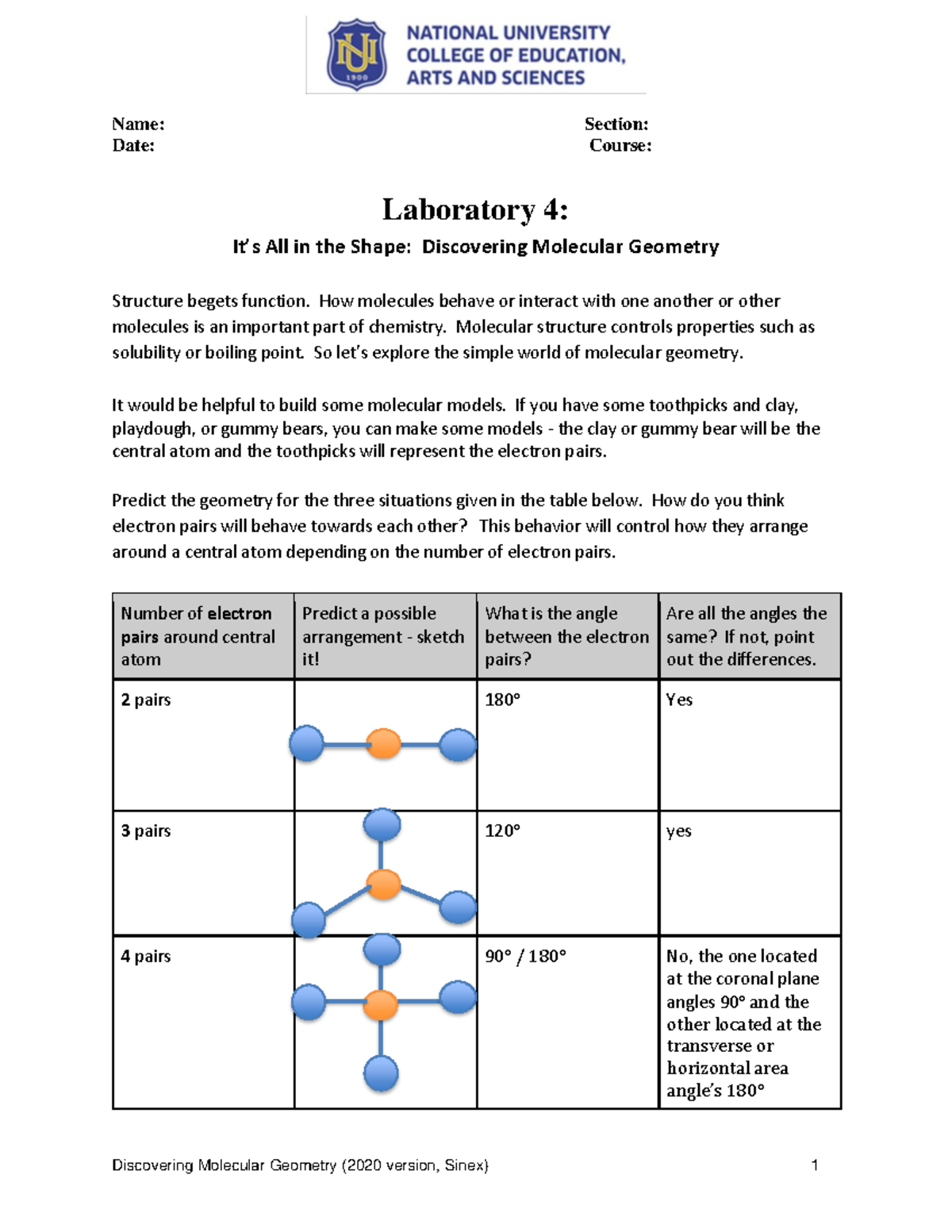 Matias psy193 Laboratory 4 molecular geometry - Name: Section: Date ...