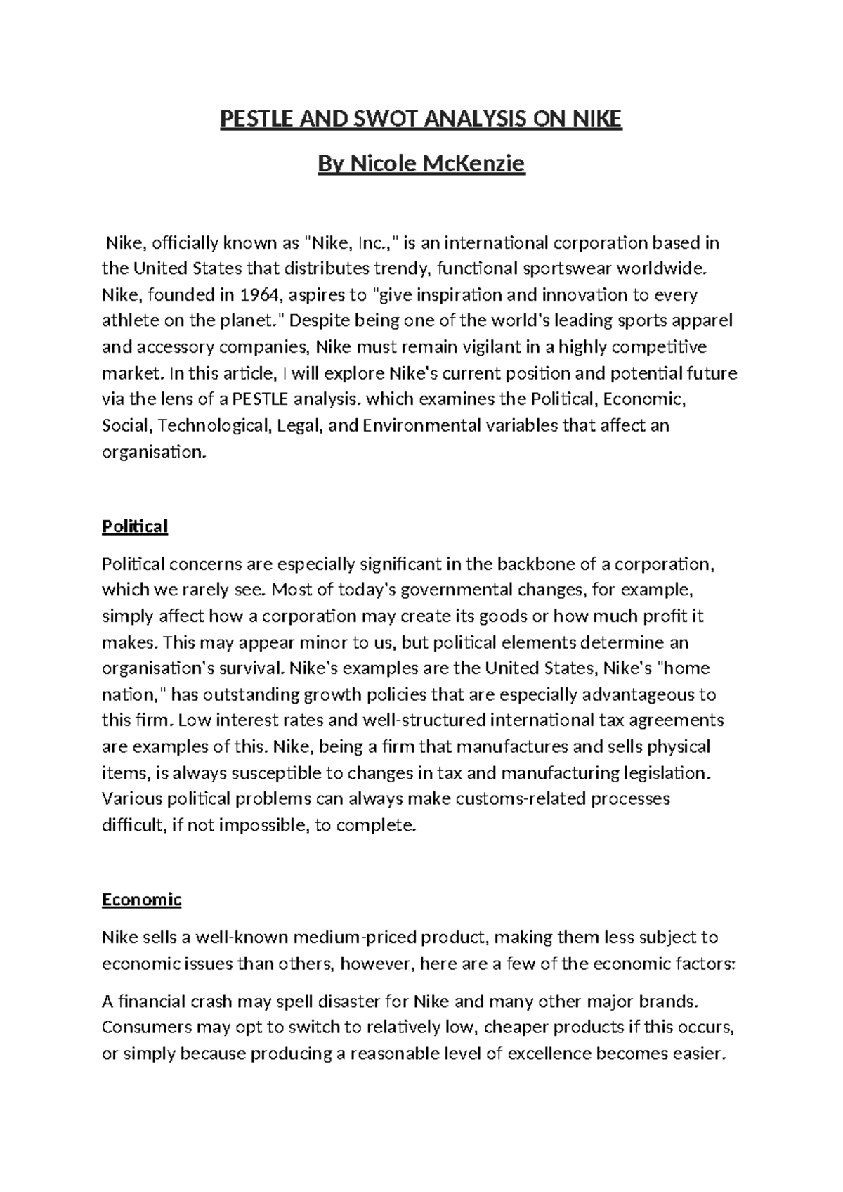 PESTLE & SWOT Analysis of Nike: A Comprehensive Insight - Studocu
