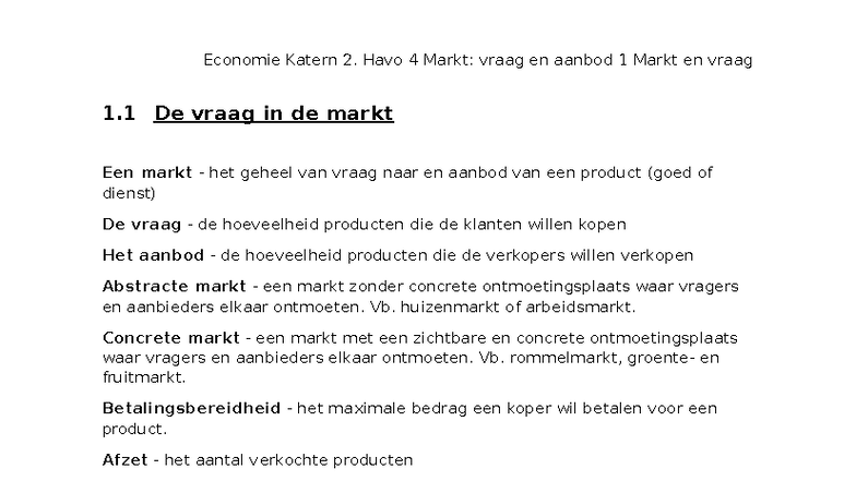 Economie Katern 2 Havo 4: Markt, Vraag en Aanbod - Lesnotities ...