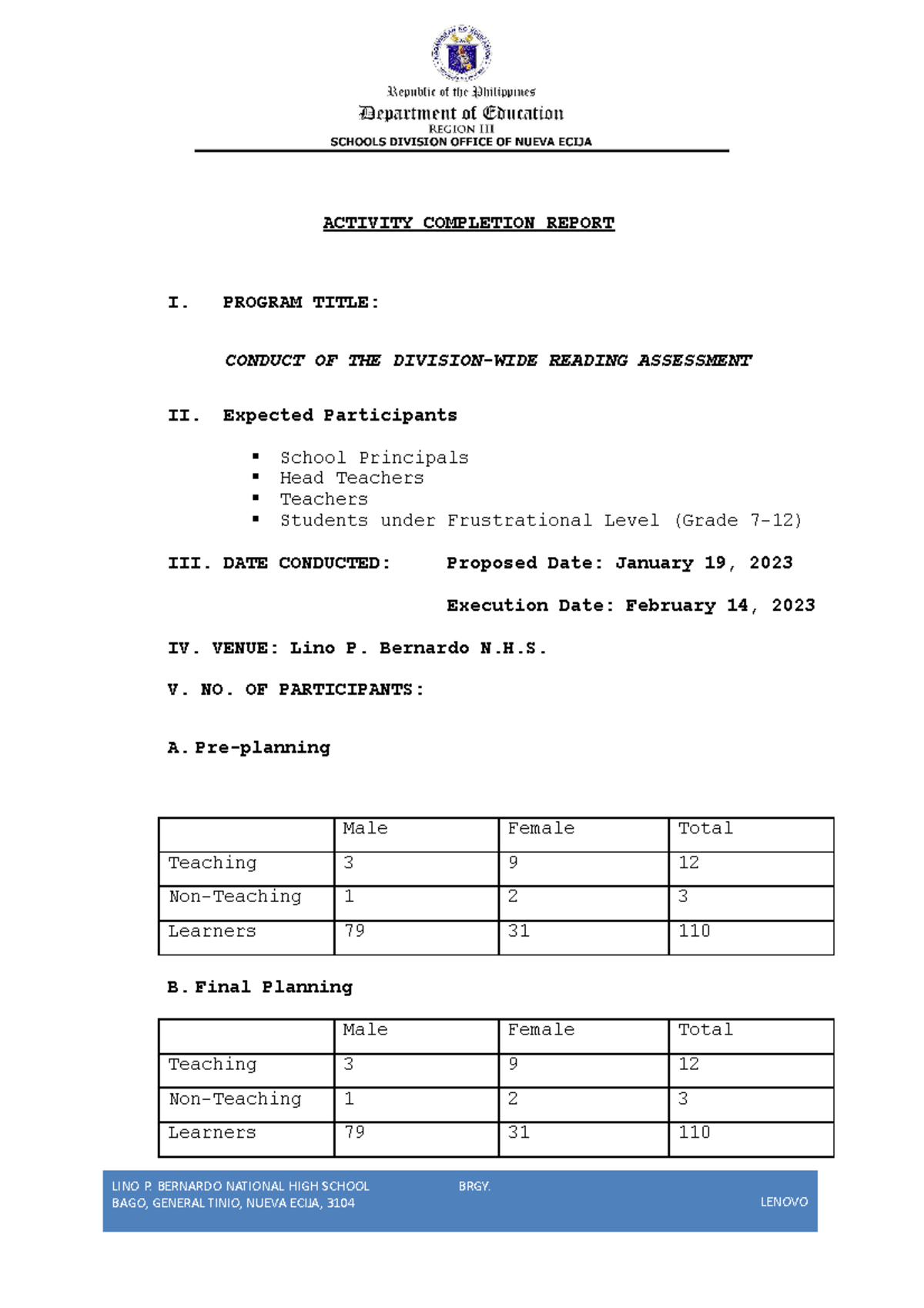 ACR: Division-Wide Reading Assessment Final Report - Studocu
