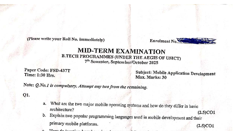 MAD B. TECH 7th Sem Midterm Exam Paper - Mobile App Development - Studocu