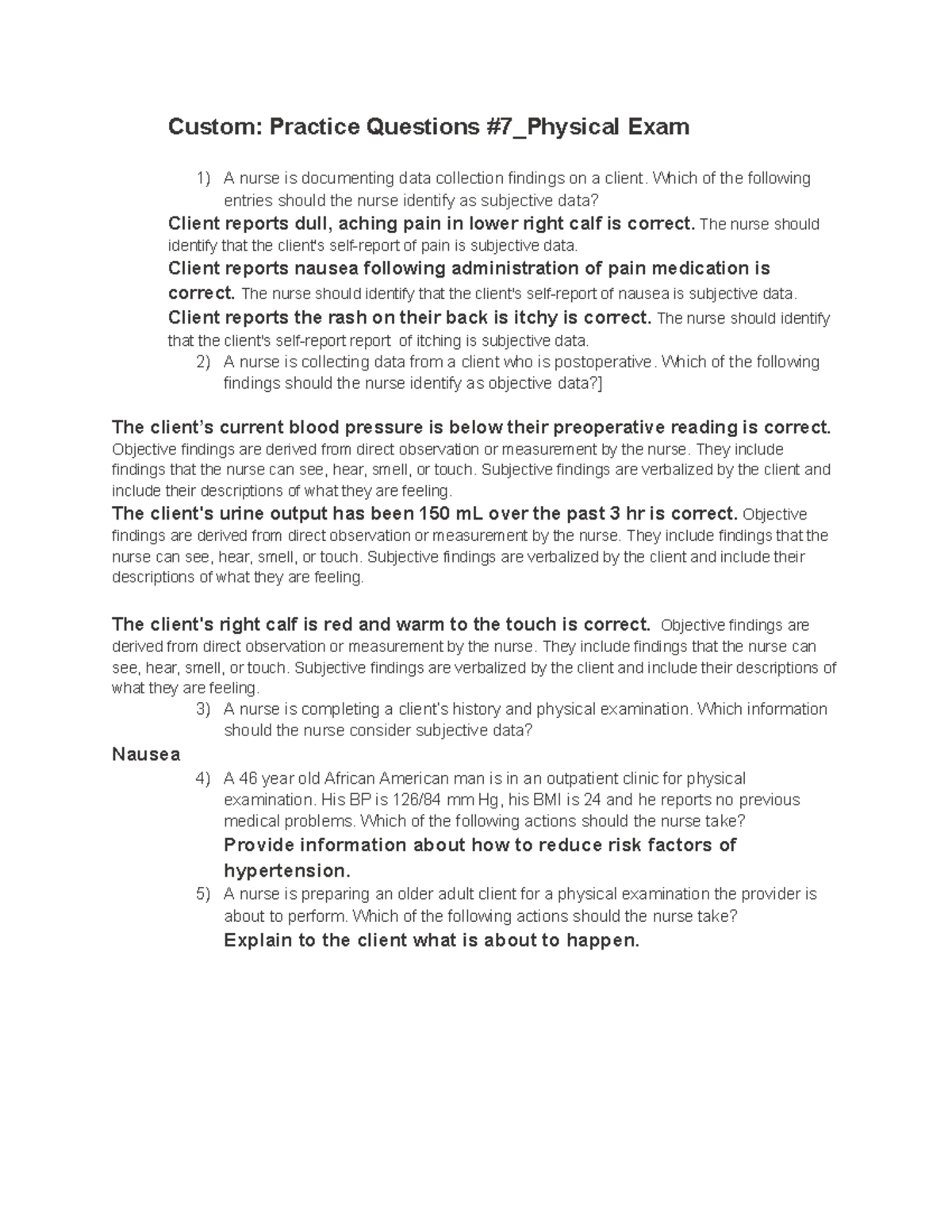 Custom Practice Questions #7: Physical Exam Insights - Studocu