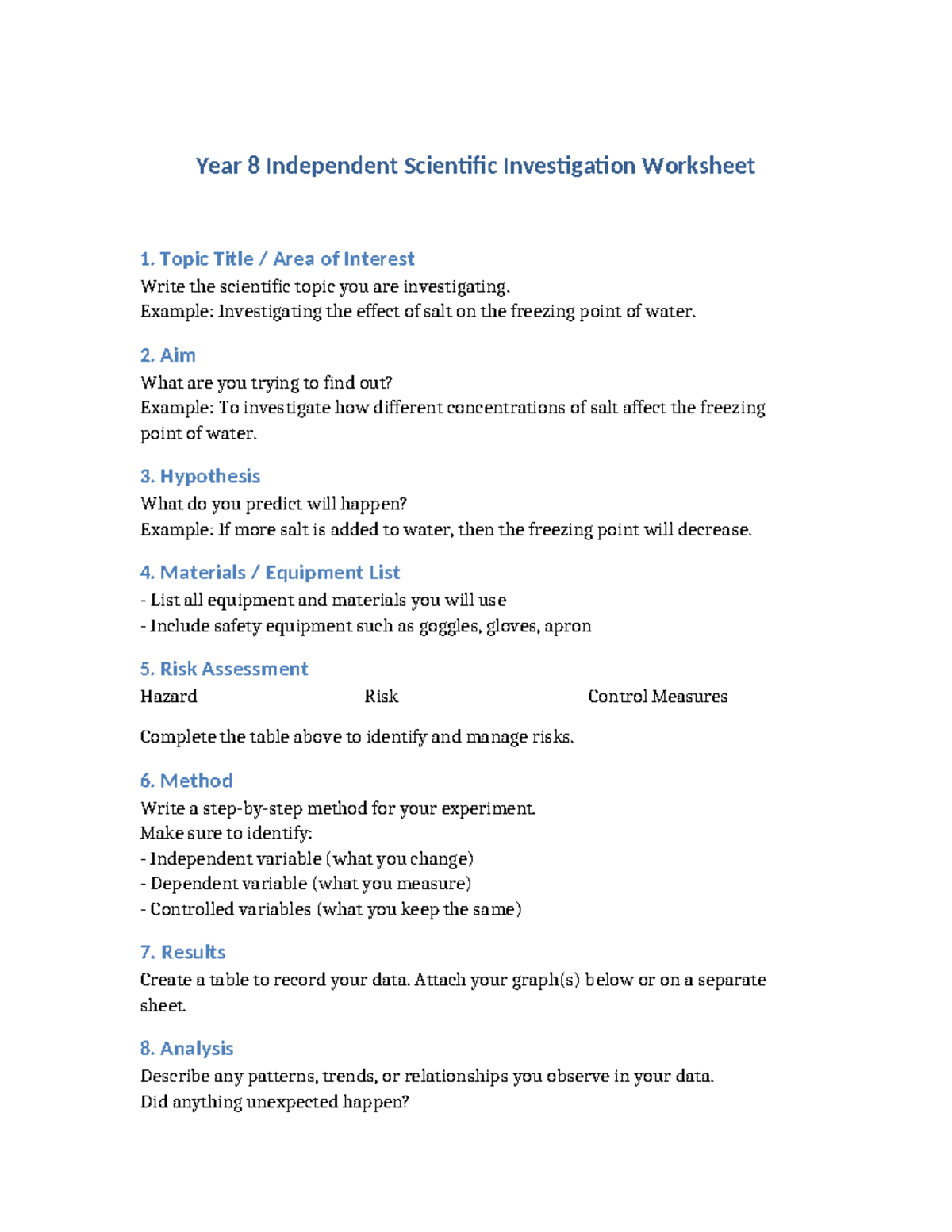 Year 8 Sci Investigation Worksheet: Independent Study Guide - Studocu