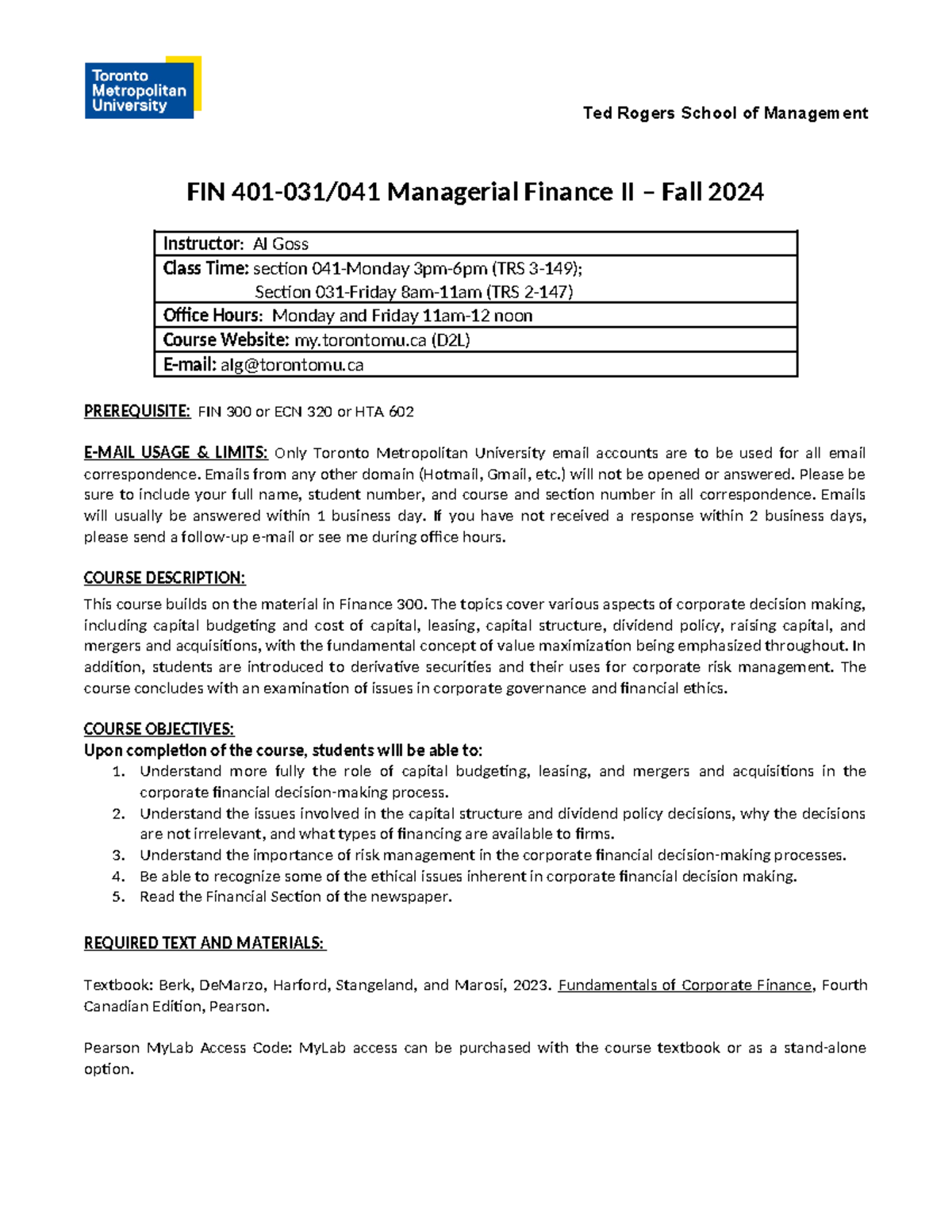 FIN401 Managerial Finance II Course Outline - Fall 2024 (GOSS) - Studocu