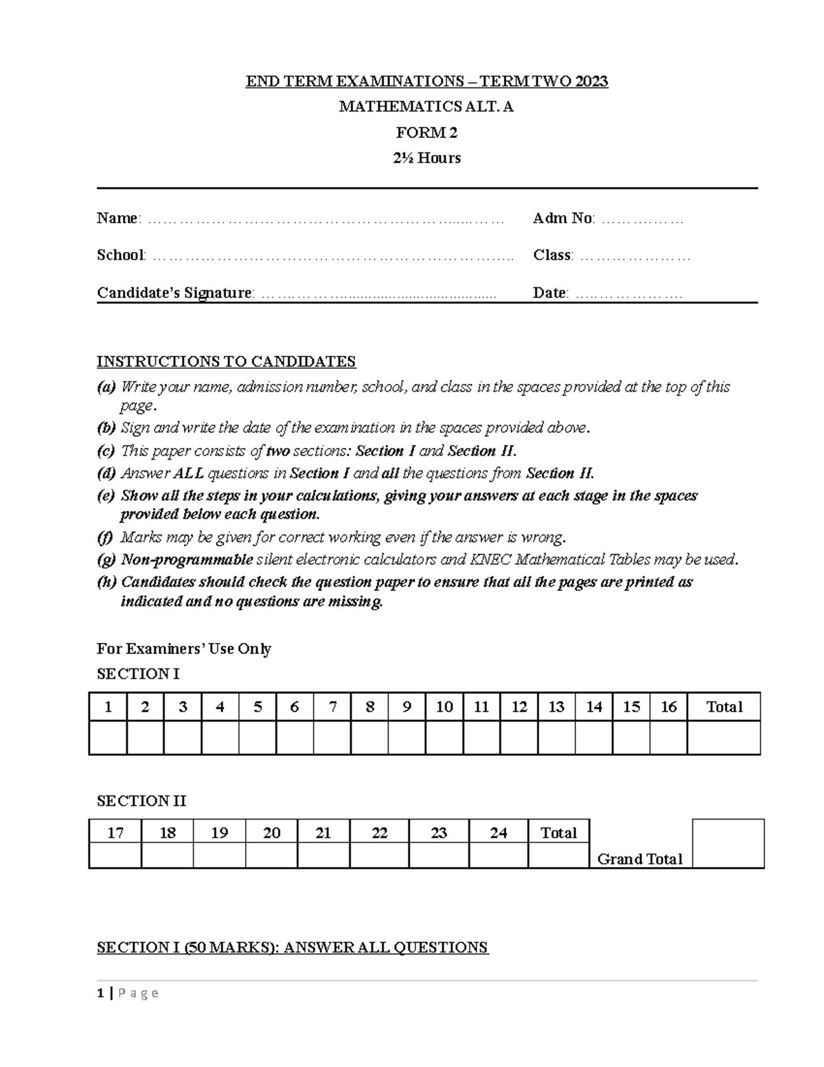 Mathematics F2 Term 2 2023 End Exam Paper with Instructions - Studocu