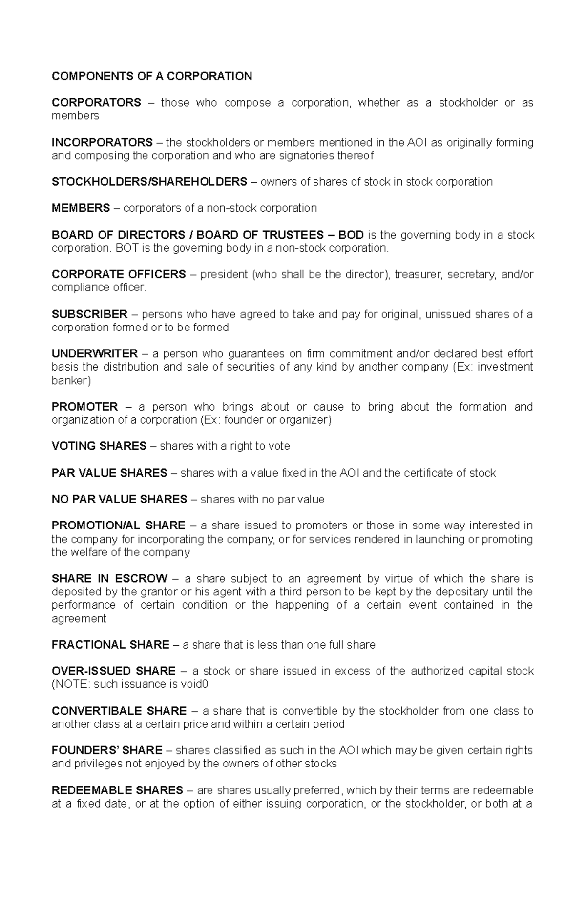 Corporate Law Notes (Corpo 2019): Key Components & Definitions - Studocu