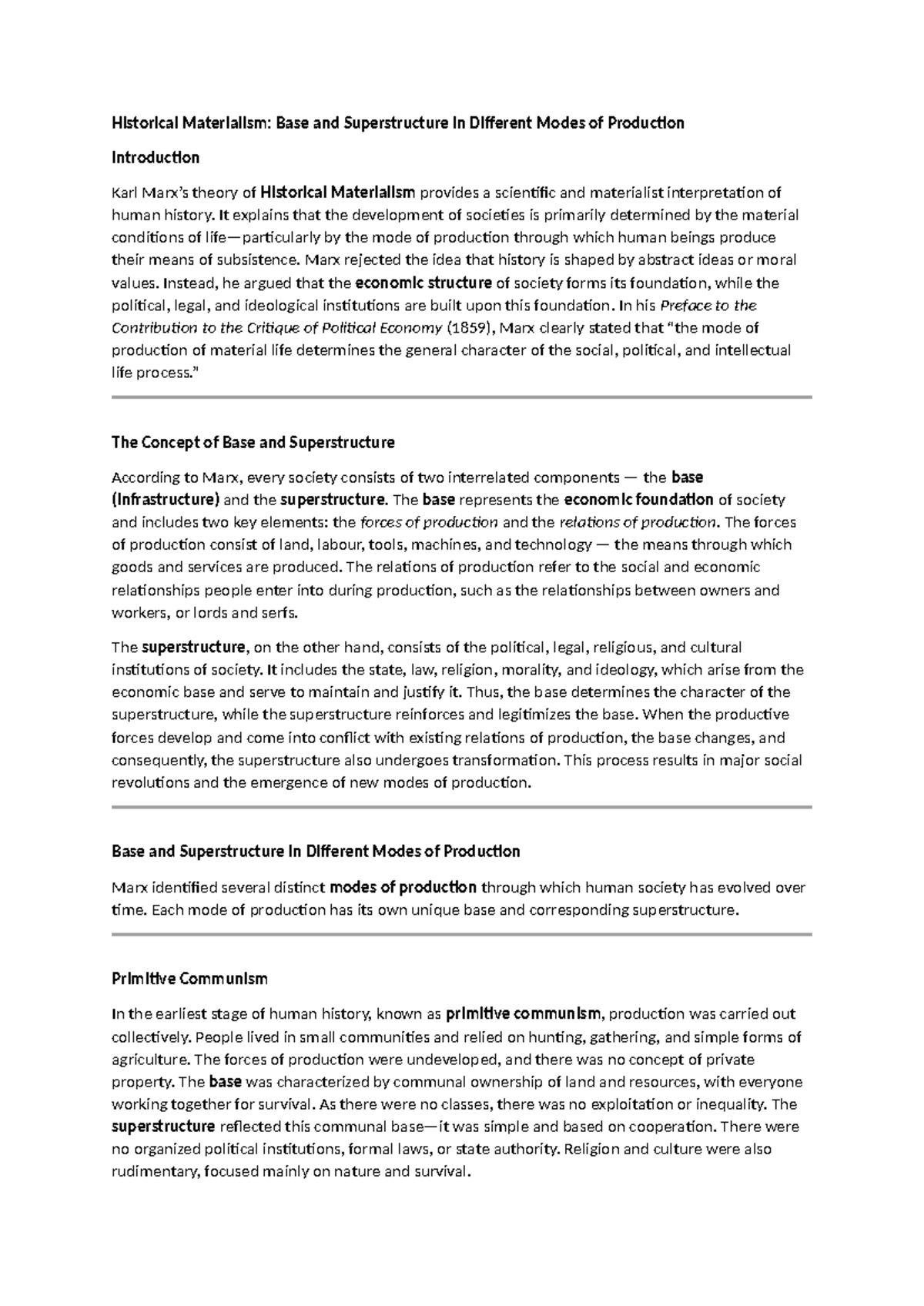 Historical Materialism: Base & Superstructure in Modes of Prod. - Studocu