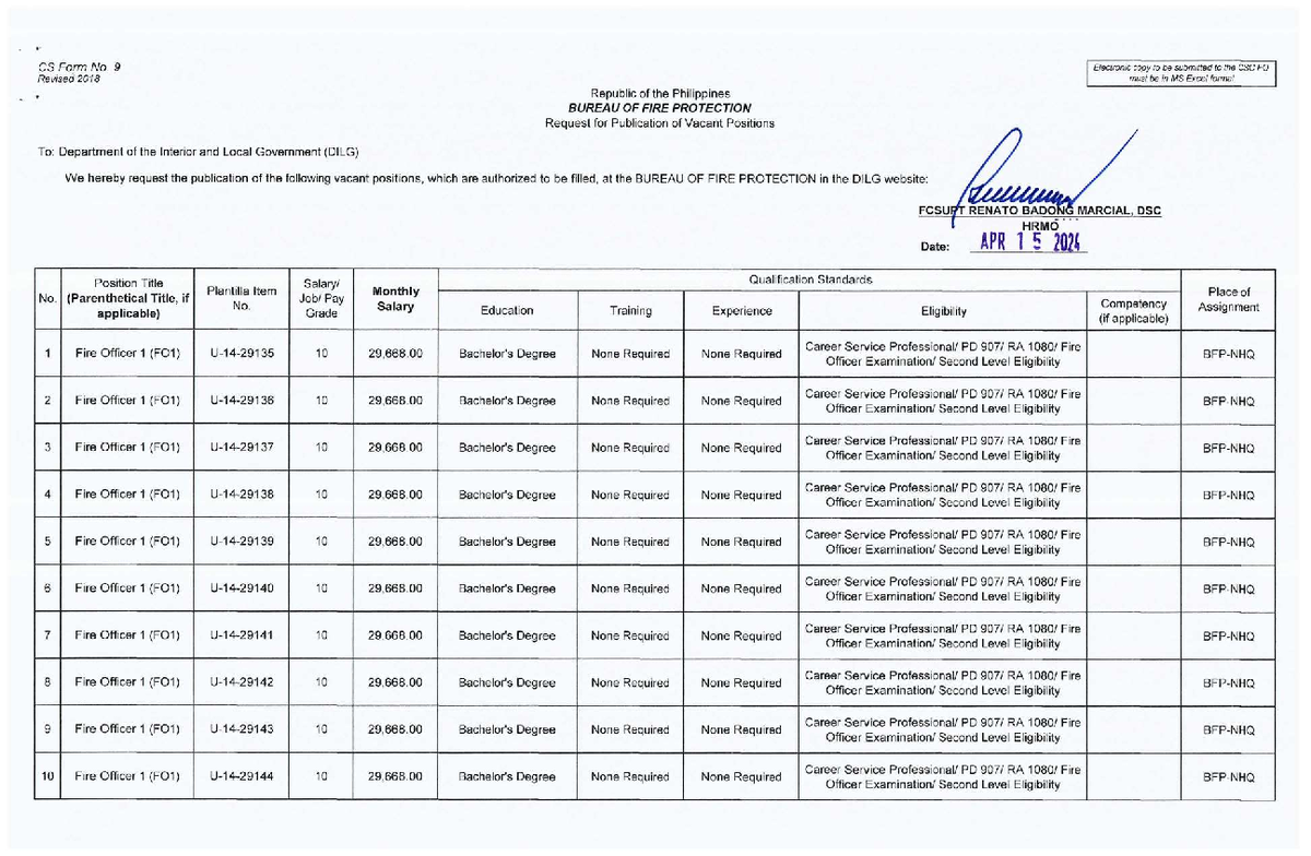 CS Form No. 9: Request for Publication of Fire Officer Vacancies - Studocu