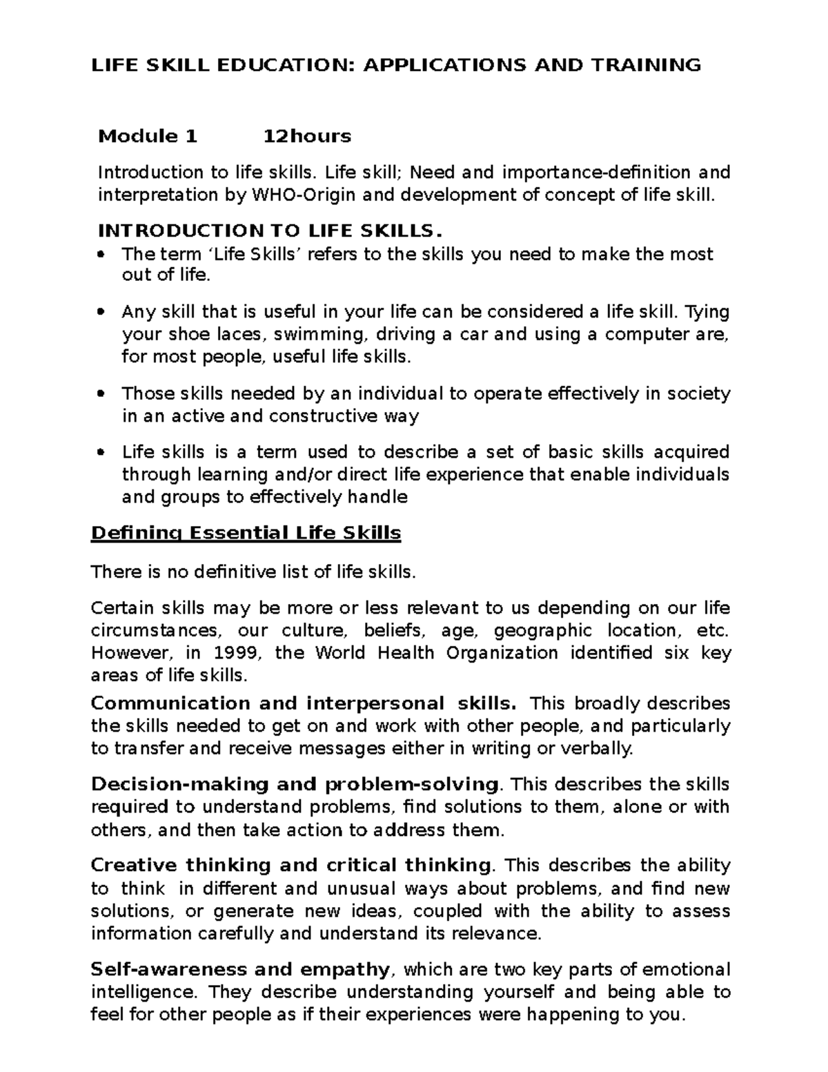 Life Skill Education: Module 1 - Applications & Training Overview - Studocu