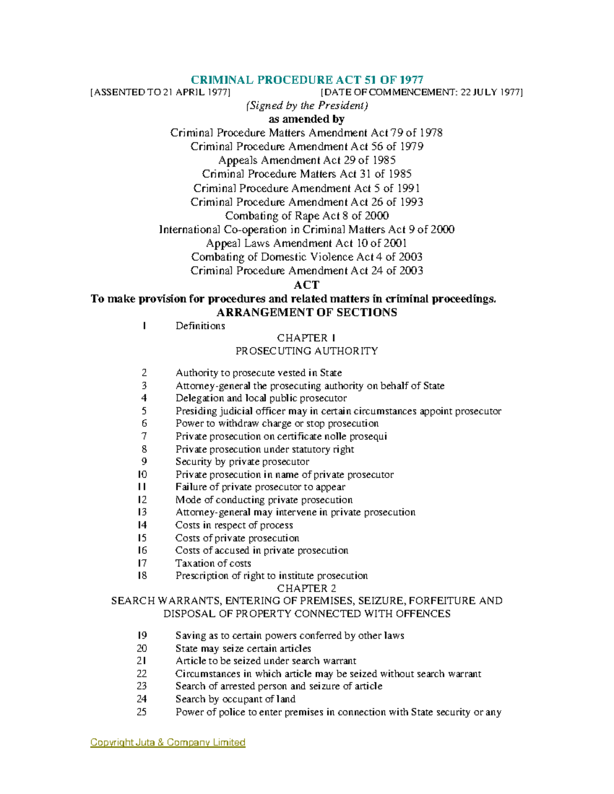 Code of Criminal Procedure Act 51 of 1977: Comprehensive Overview - Studocu