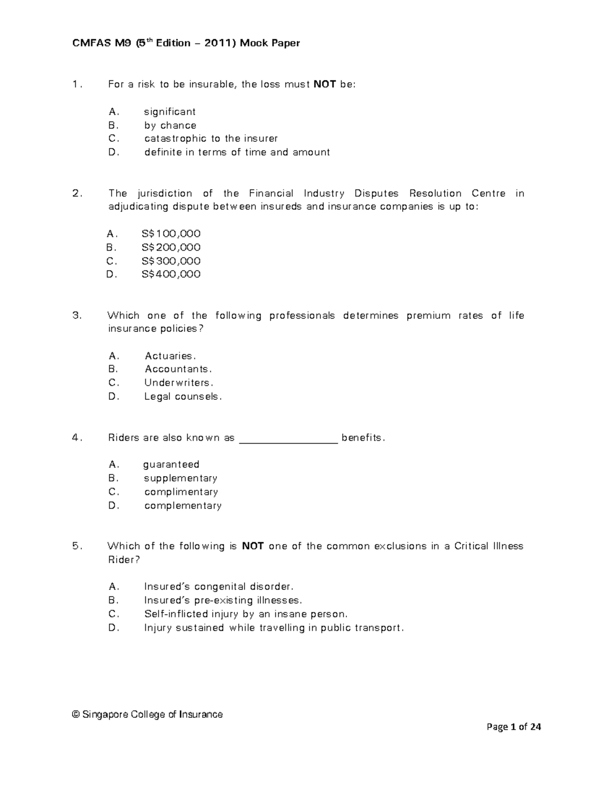 CMFAS M9 Mock Exam Paper (5th Edition 2011) - Comprehensive Review ...
