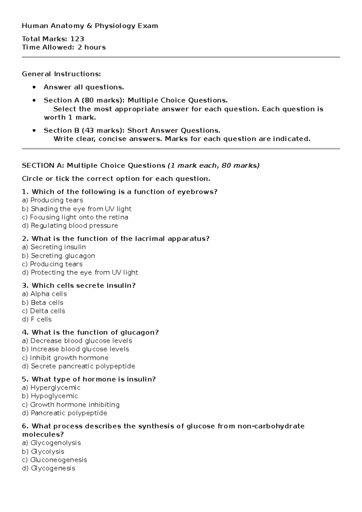 Human Anatomy PHYS 101 Practice Exam: MCQs & Short Answers - Studocu
