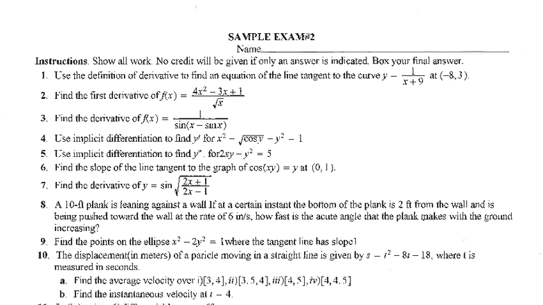 Calculus I Sample Exam #2: Derivatives and Tangent Lines - Studocu