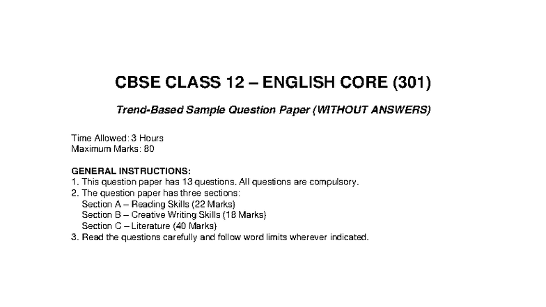 CBSE CLASS 12 ENGLISH CORE (301) Sample Question Paper (FULL) - Studocu