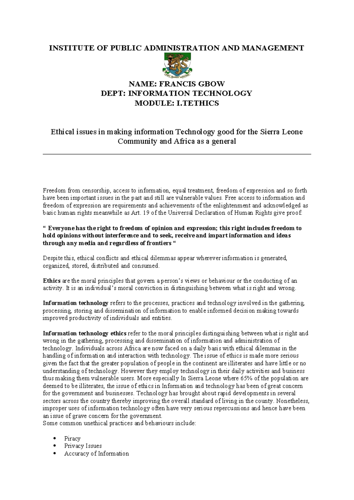 I.TETHICS 18987 - Essay on Ethical Issues in Information Technology - Studocu