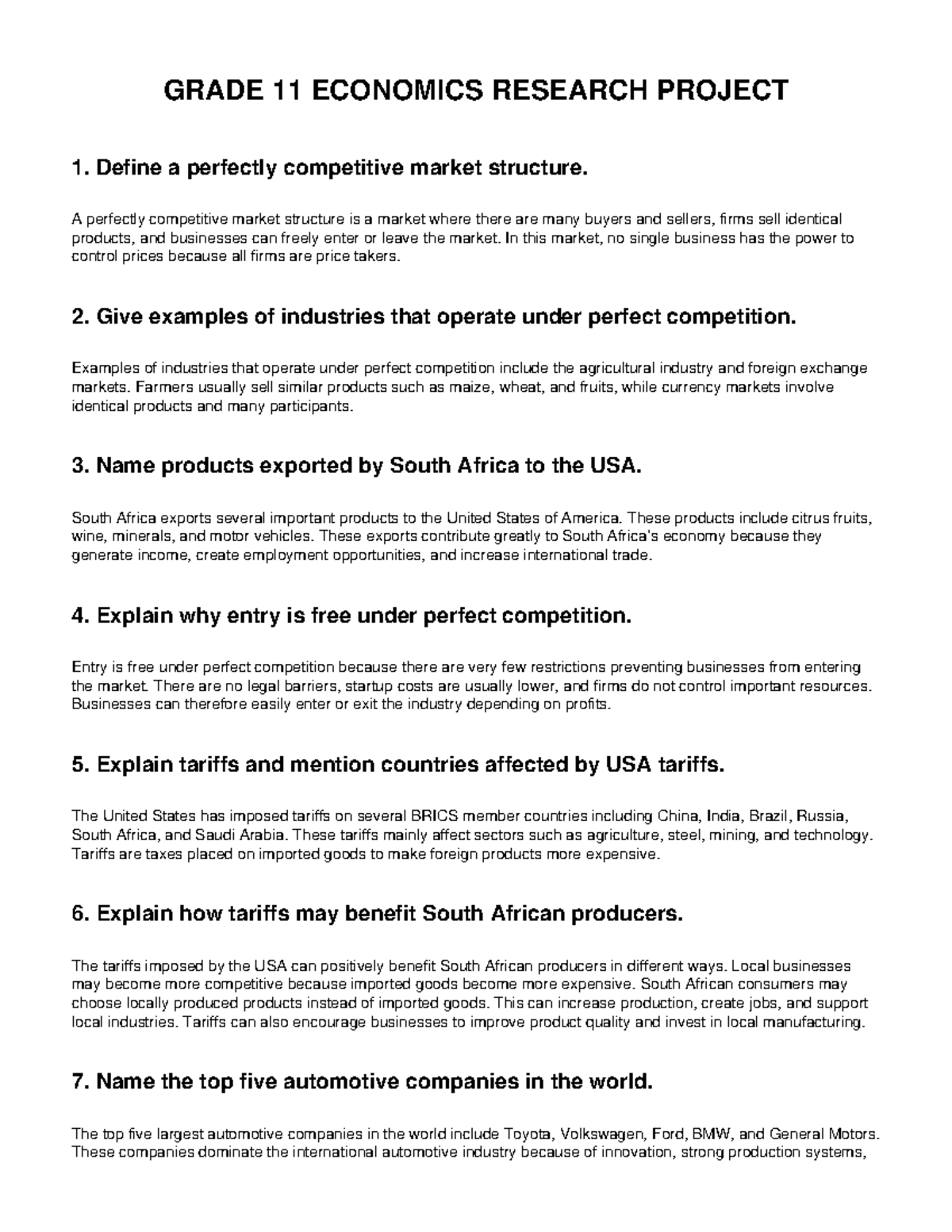 GRADE 11 ECONOMICS RESEARCH PROJECT: Perfect Competition & Tariffs ...