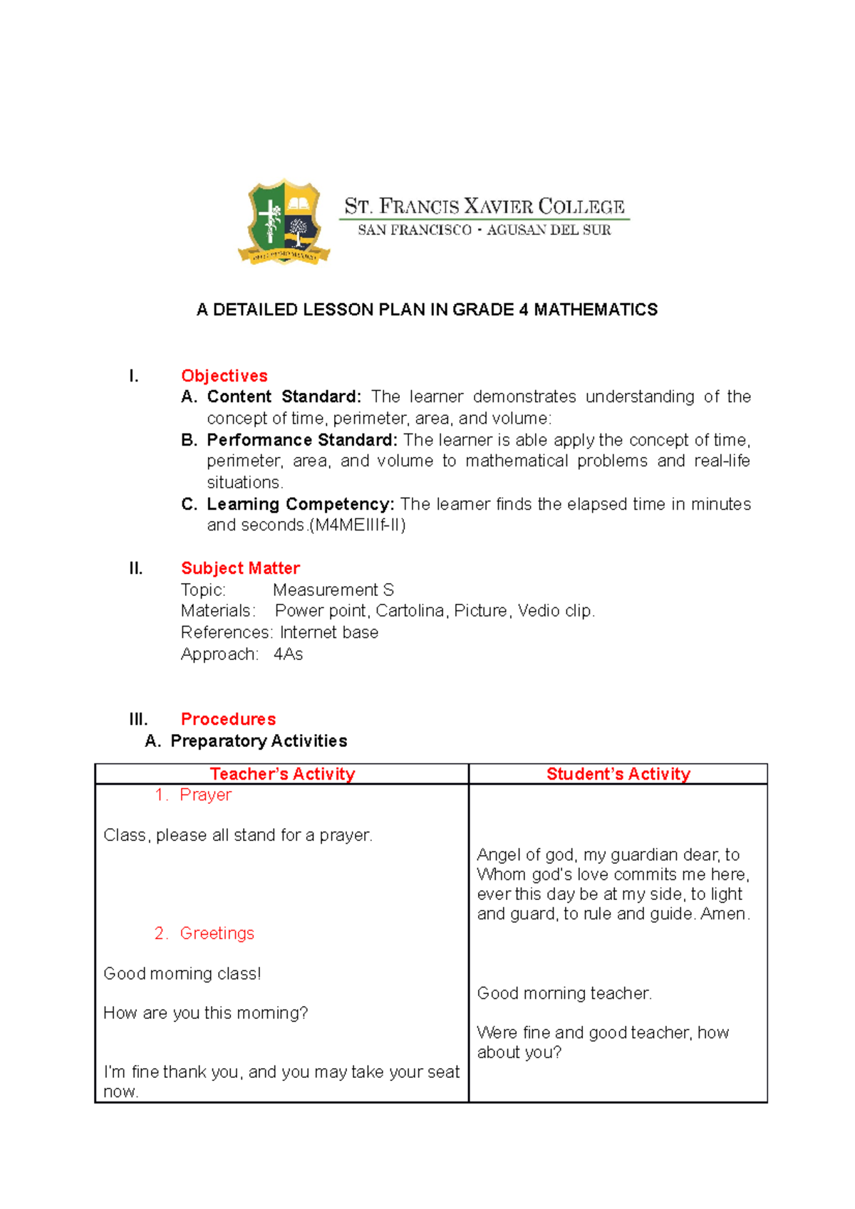 Weekly 3 Final MATH 4 - Measurement Lesson Plan and Activities - Studocu