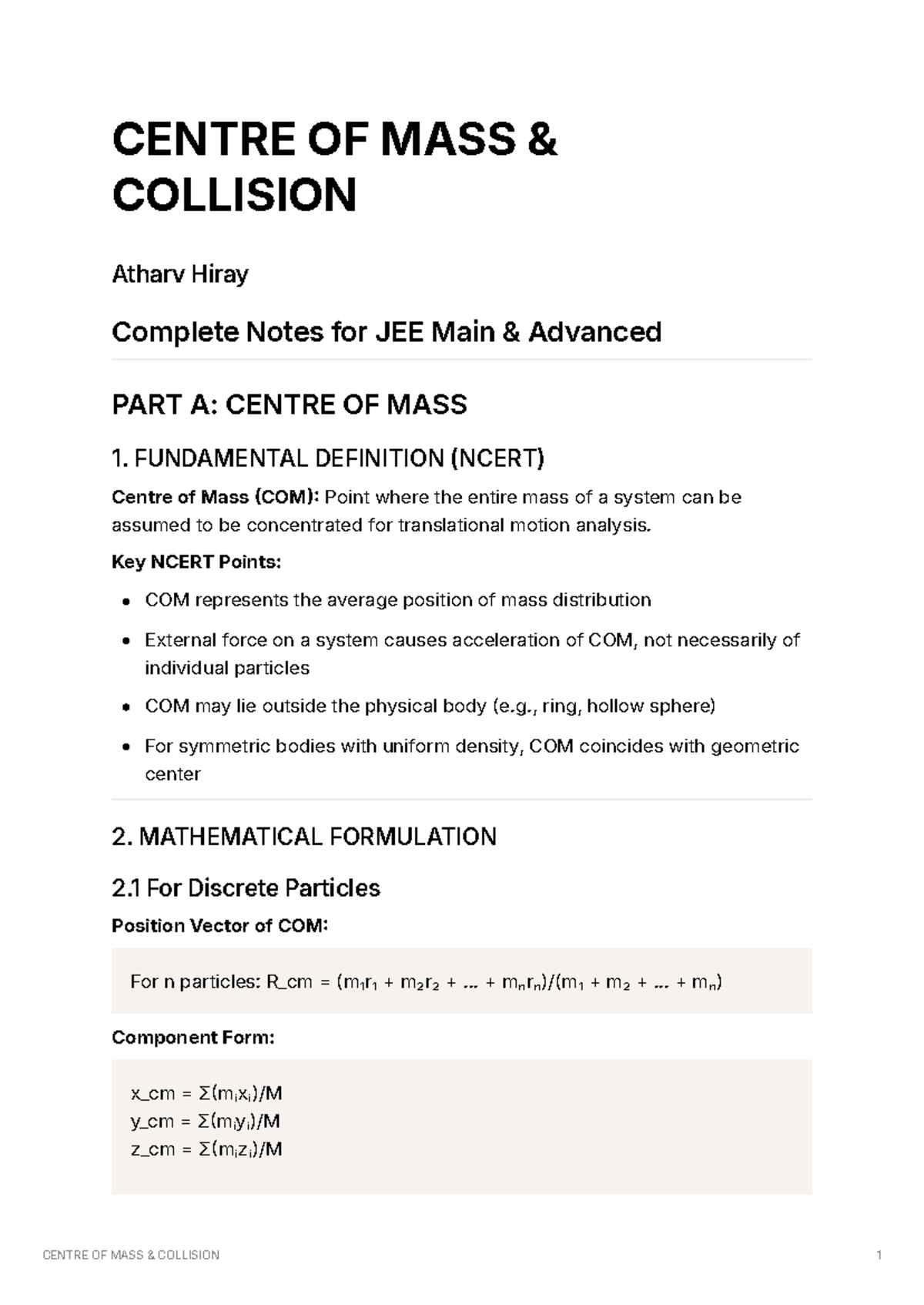 JEE Main Complete Notes: Centre of Mass Collision Analysis - Studocu