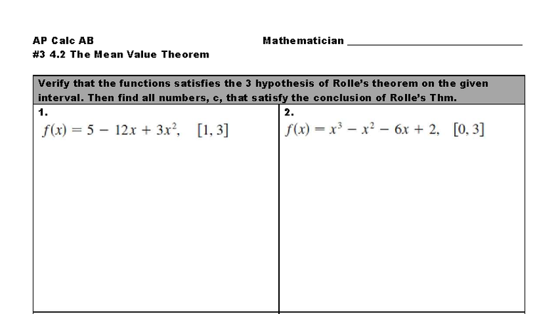 AP Calc AB 4.2 Mean Value Theorem Homework Solutions - Studocu