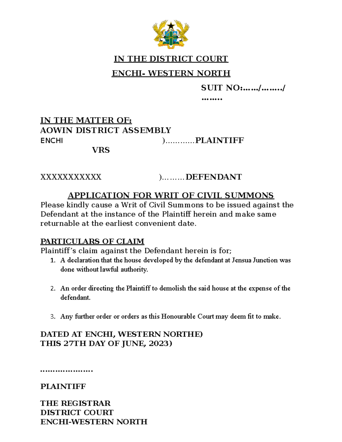 Application for Writ of Civil Summons: Aowin District Assembly v ...