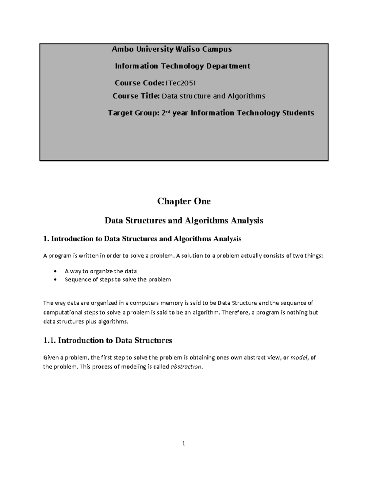 Data Structures and Algorithms Analysis - ITec2051 Lecture Notes - Studocu