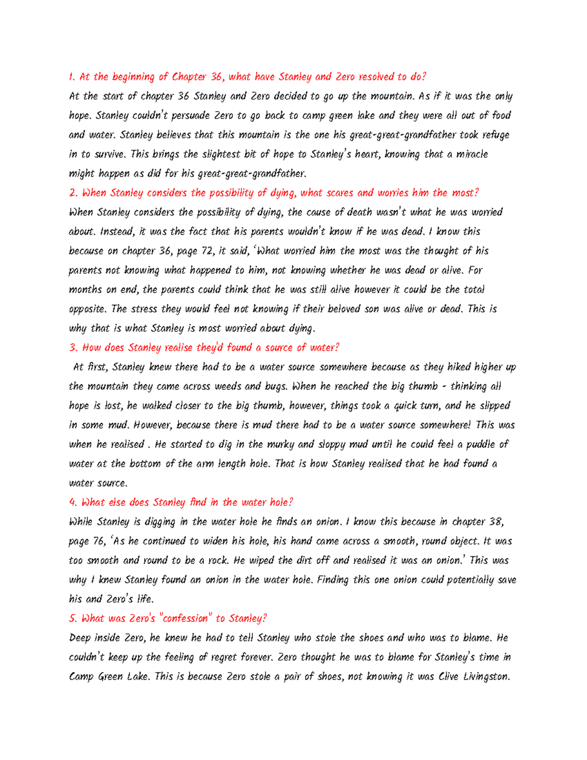 Holes Comprehension Questions - Week 4 (Chapters 36-38) - Studocu