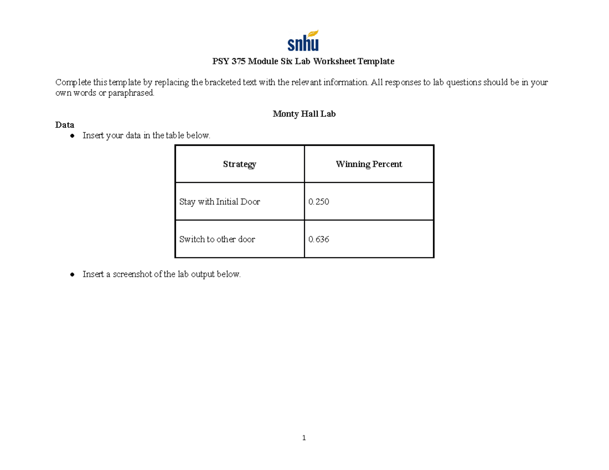 PSY 375 Module Six Lab Worksheet: Monty Hall & Wason Selection Tasks ...