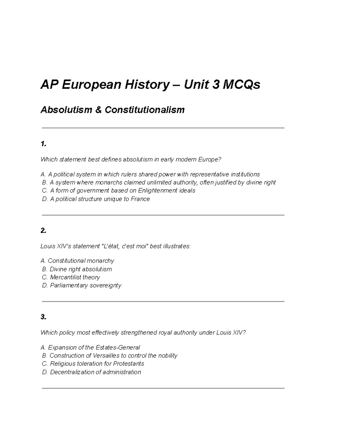 AP European History Unit 3 MCQs: Absolutism & Constitutionalism - Studocu
