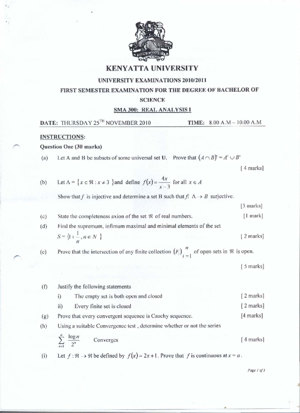 Real Analysis I Exam Notes (SMA 300) - Kenyatta University - Studocu