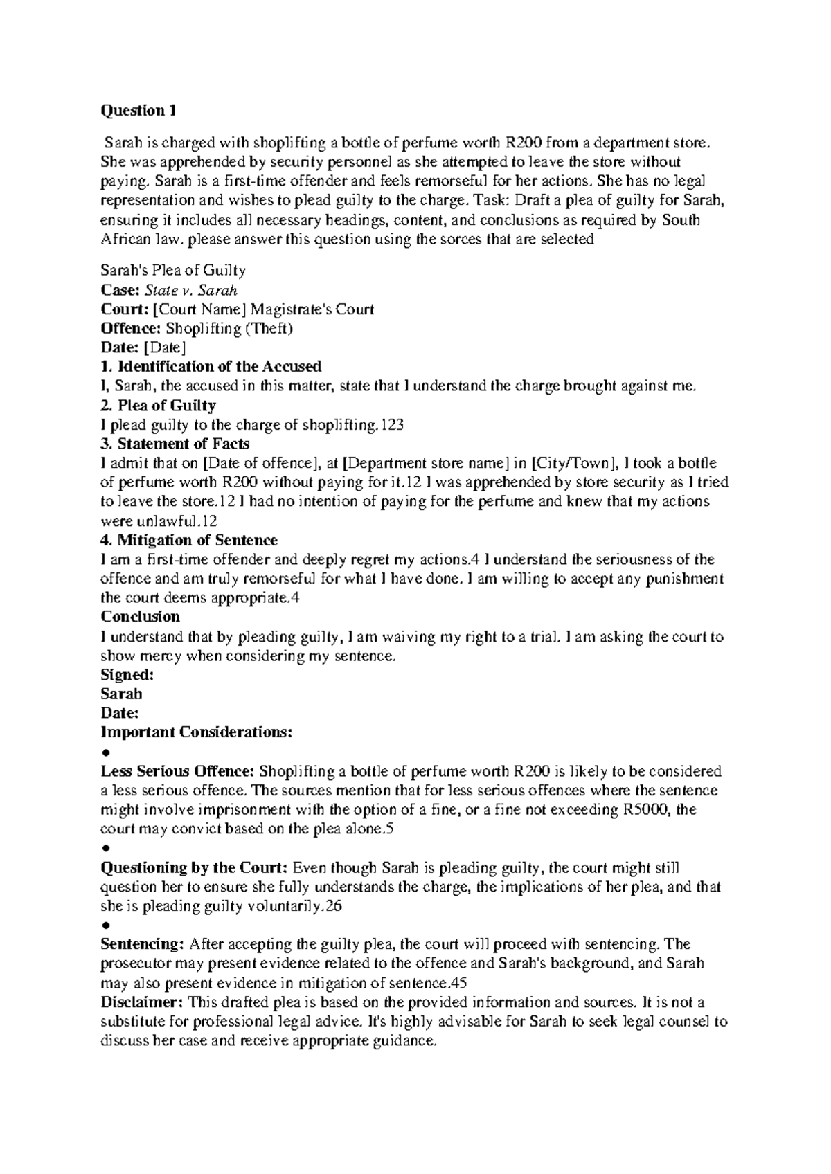 Plea Drafting Practice Questions for Criminal Procedure (CRIM101) - Studocu