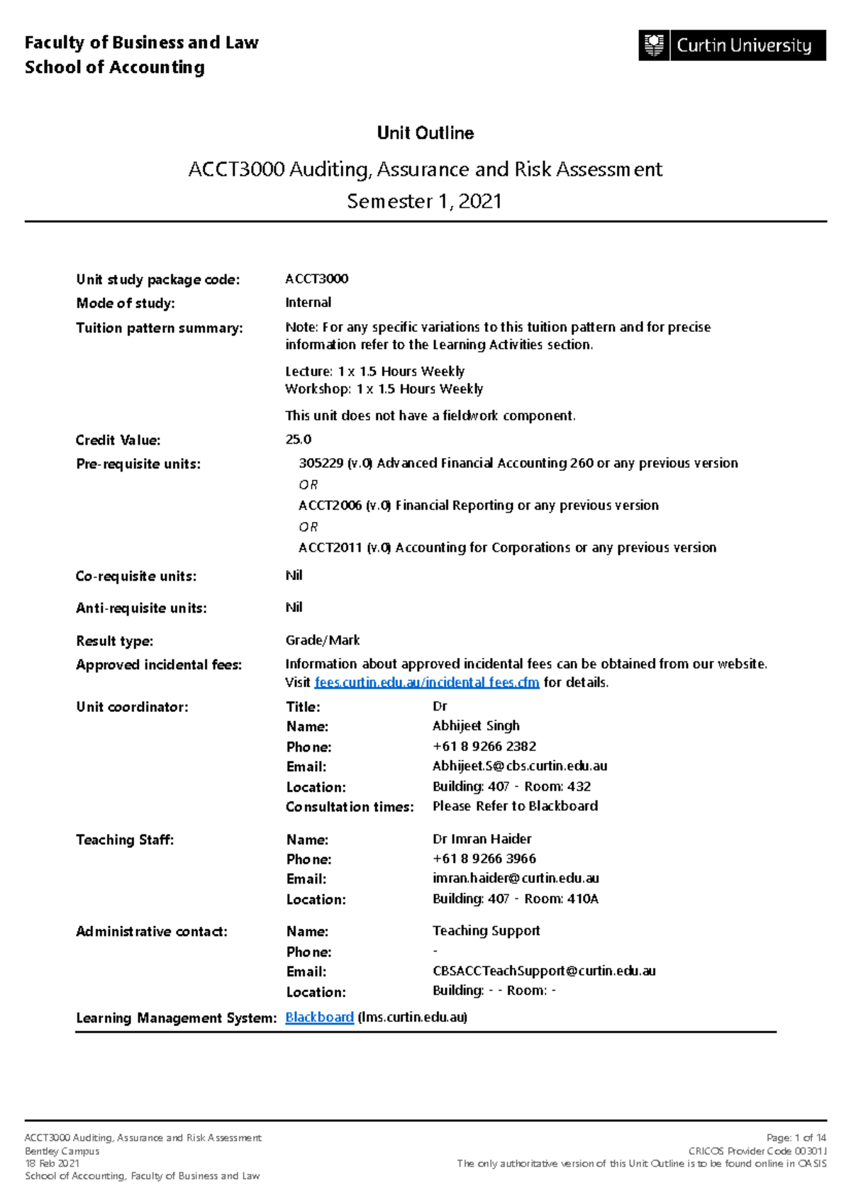 ACCT3000 Unit Outline: Auditing, Assurance & Risk Assessment Semester 1 ...