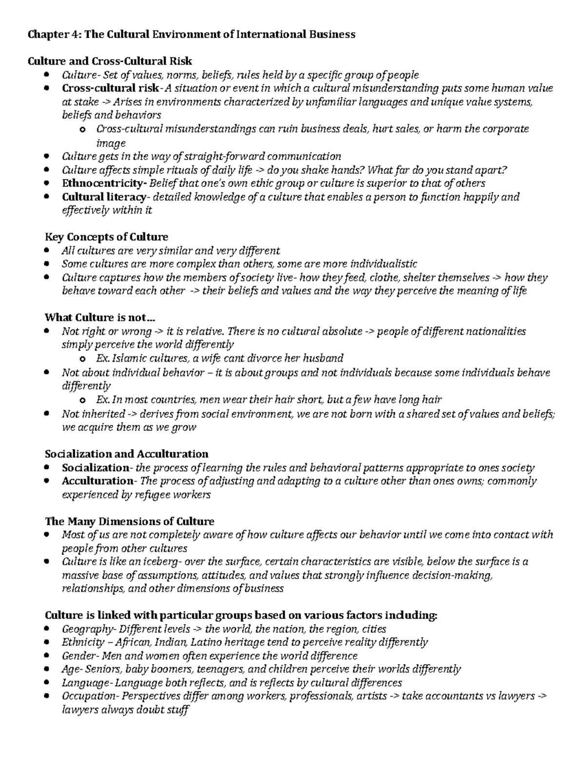 Chapter 4-Culture - notes - Chapter 4: The Cultural Environment of ...