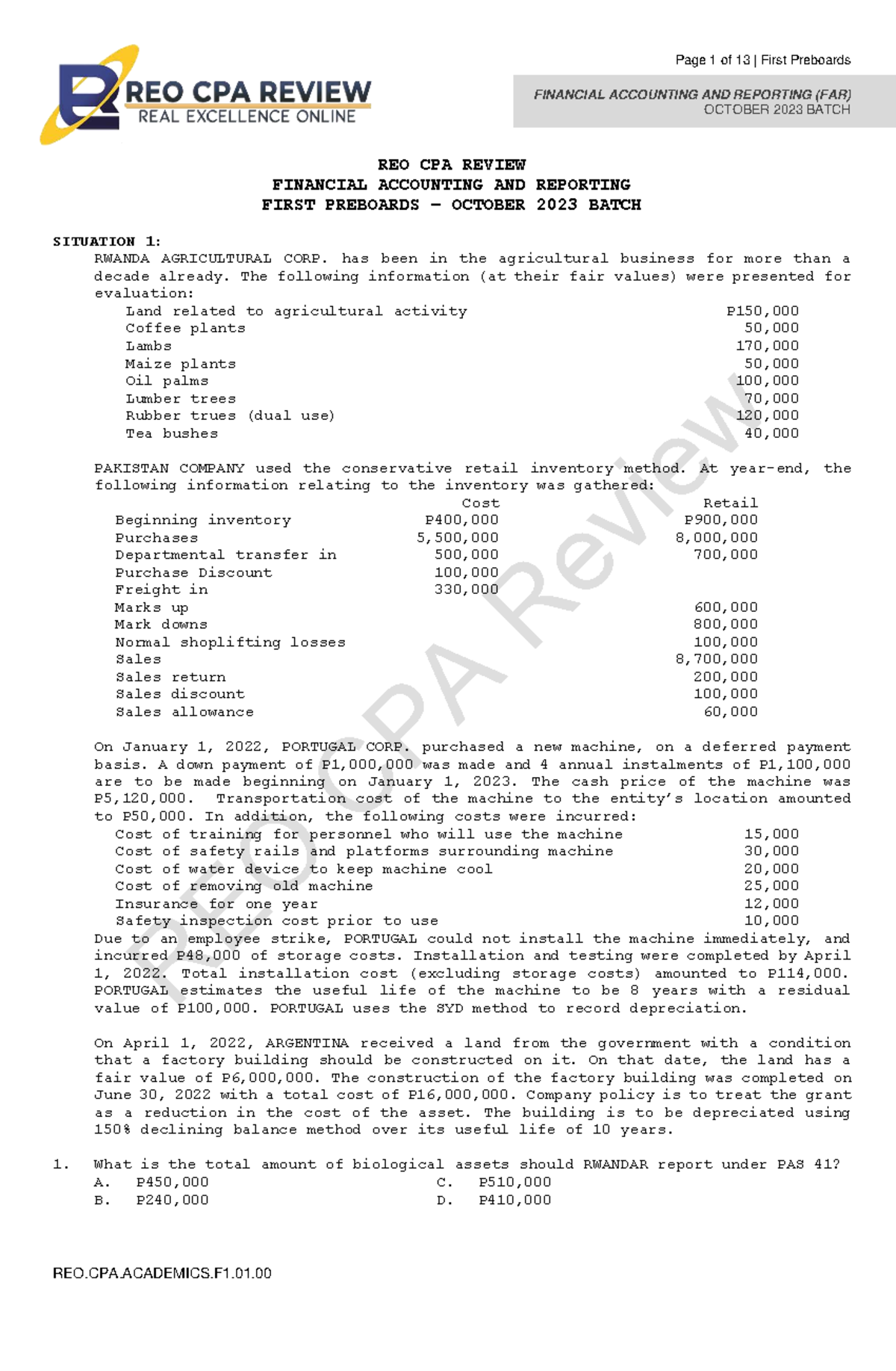 REO.CPA.FAR.1st Preboard Exam Review - October 2023 - Studocu